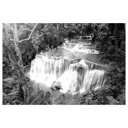 Fototapete papermoon "Wasserfall im Wald Schwarz & Wei&szlig;", schwarz (schwarz, wei&szlig;), B:3m L:2,23m, Vlies, Tapeten
