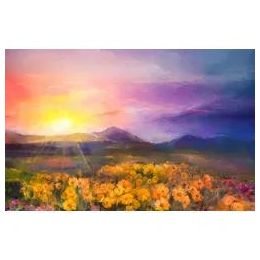 Fototapete papermoon "G&Auml;NSE BL&Uuml;MCHEN BL&Uuml;TEN-MALEREI WIESE GEBIRGE SONNE WOLKE", bunt, B:2,5m L:1,86m, Vlies, Tapeten