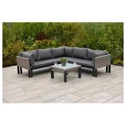 Garten-Essgruppe Merxx "Amantea", beige (steinbeige, grau, grafit, natur), Polyester, ausziehbar, Aluminium, Kunststoff, Polyester, Sitzm&ouml;bel-Sets, Eckbank, inkl. Sitz-und R&uuml;ckenkissen, 2 Tische