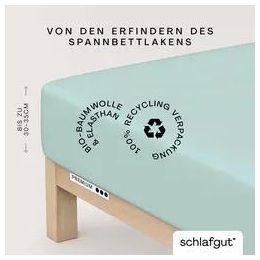 Spannbettlaken Schlafgut "PREMIUM Mako-Zwirn-Jersey, 220 g/m2, 95% Bio-Baumwolle, 5% Elasthan", blau (petrol light), 1 Stk., Mako-Zwirn-Jersey, 180-200x200-220 30cm, Mako-Zwirn-Jersey, Obermaterial: 95% Baumwolle, 5% Elasthan, Bettlaken, Spannbettlaken, Bettlaken bis 30 cm H&ouml;he, PREMIUM-Qualit&auml;t langlebig, perfekter Sitz