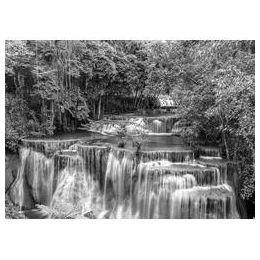Fototapete papermoon "Wasserfall im Wald Schwarz & Wei&szlig;", schwarz (schwarz, wei&szlig;), B:3m L:2,23m, Vlies, Tapeten