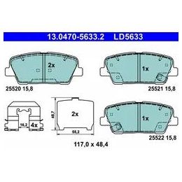 ATE Bremsbelagsatz, Scheibenbremse 13.0470-5633.2 hinten rechts links mit Zubeh&ouml;r f&uuml;r HYUNDAI KIA 58302-2WA70 58302-2WA90 58302-2PA70