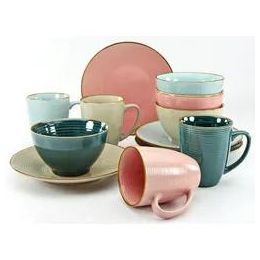 Fr&uuml;hst&uuml;cks-Geschirrset Creatable "Service, Cosy Morning (Teller, Schale, Kaffeebecher)", bunt (taupe, rosa, hellblau, petrol), 12 Stk., Steinzeug, Geschirr-Sets, Kreisstruktur, in Pastell-Farben, 12 Teile, f&uuml;r 4 Personen