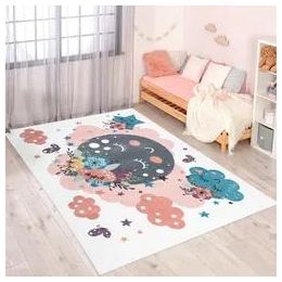 Kinderteppich Carpet City "ANIME917", beige (creme), B:190cm H:11mm L:280cm, Polypropylen (PP), Teppiche, Kinderteppich, Kinderzimmer Teppich Modern mit Mond, Blumen, Wolken, Creme, Multi