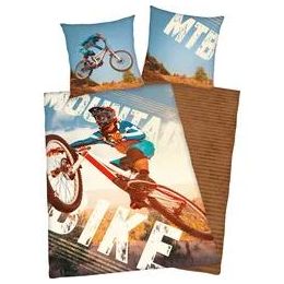 Jugendbettw&auml;sche "Mountainbike", blau, B/L: 135cm x 200cm, 1 Stk., 1 Stk., Renforc&eacute;, B/L: 80cm x 80cm, 2 Stk., Renforc&eacute;, Obermaterial: 100% Baumwolle, Herding YOUNG COLLECTION, Bettw&auml;sche, Mit Mointainbikemotiv