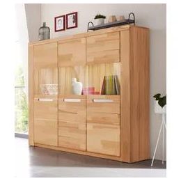 Highboard OTTO HOME "Kolding", beige (kernbuche teilmassiv), B:140cm H:145cm T:40cm, Holz teilmassiv, Sideboards, Highboard, Breite 140 cm mit 3 Glast&uuml;ren