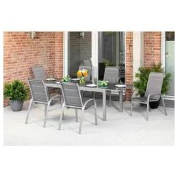 Garten-Essgruppe Merxx "Amalfi di lusso", braun (diamantbraun), B:56,5cm H:104cm T:77cm, Aluminium, Polyester, Sitzm&ouml;bel-Sets, 6 Stapelsessel, Hochlehner mit ausziehbarem Tisch