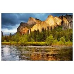 Fototapete papermoon "YOSEMITE TAL-FLUSS GEBIRGE WALD BERGE SONNE WASSERFALL", bunt, B:2,5m L:1,86m, Vlies, Tapeten