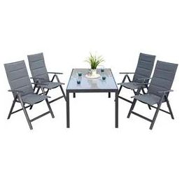 Garten-Essgruppe Merxx "Taviano", grau (anthrazit, anthrazit, grafit), Polyester, Aluminium, Polyester, Sicherheitsglas, Sitzm&ouml;bel-Sets, 4 Klappsessel, 5-fach verstellbar