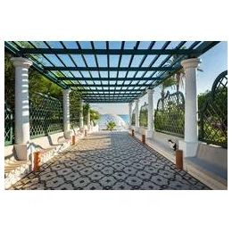 Fototapete papermoon "PERGOLA-RHODOS BLUMEN SEE MEER TERRASSE PALMEN D&Uuml;NEN", bunt, B:2,5m L:1,86m, Vlies, Tapeten