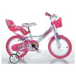 Kinderfahrrad DINO BIKES "16" Unicorn Einhorn Kinderfahrrad M&auml;dchenfahrrad Freilauf 4&ndash;7 Jahre" Gr. 25, pink (wei&szlig;), Fahrr&auml;der, Kinder, 28cm, 16 Zoll (40,64cm), mit St&uuml;tzr&auml;dern, Korb und Puppensitz