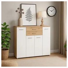 Hochkommode Home Affaire "Prato", beige (artisan, oak, nachbildung, wei&szlig;), B:156cm H:123cm T:39cm, Hartfaserplatte, Holzwerkstoff, Kunststoff, Sideboards, Kombikommode, mit 2 Schubkasten