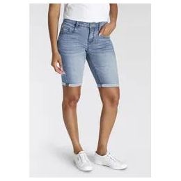H.I.S. Jeansshorts H.I.S "duffyHS", Damen, Gr. 38, L&auml;nge 32, lt bl used, Denim/Jeans, Obermaterial: 73% Baumwolle, 25% Polyester, 2% Elasthan, schmal kurz, Jeans Jeansshorts, schmale Beinform, krempelbare Beinabschl&uuml;sse, normale Leibh&ouml;he