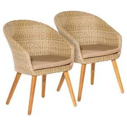 Gartenstuhl Merxx "Arrone", beige, B:66cm H:82cm T:61cm, Rattan, St&uuml;hle, Gartenstuhl, 2er Set, Alu/Polyrattan/Akazie, beige, inkl. Auflage