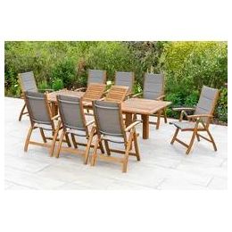 Garten-Essgruppe Merxx "Acapulco", grau (grau, braun), B:60,5cm H:111cm T:60cm, FSC-zertifiziertes Massivholz, Polyester, Sitzm&ouml;bel-Sets, 8 Klappsessel, ausziehbarer Tisch