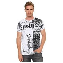 T-Shirt Rusty Neal, Herren, Gr. M, schwarz-wei&szlig; (wei&szlig;), 100% Baumwolle, bedruckt, normal, Rundhals, Shirts T-Shirt, mit Allover-Print im Used-Look