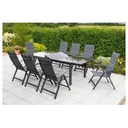 Garten-Essgruppe Merxx "Taviano", grau (anthrazit, anthrazit, grafit), Polyester, Aluminium, Polyester, Sicherheitsglas, Sitzm&ouml;bel-Sets, 8 Klappsessel, 5-fach verstellbar, Ausziehtisch