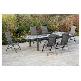 Garten-Essgruppe Merxx "Taviano", grau (anthrazit, anthrazit, grafit), Polyester, Aluminium, Polyester, Sicherheitsglas, Sitzm&ouml;bel-Sets, 6 Klappsessel, 5-fach verstellbar, Ausziehtisch