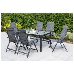 Garten-Essgruppe Merxx "Taviano", grau (anthrazit, anthrazit, grafit), Polyester, Aluminium, Polyester, Sicherheitsglas, Sitzm&ouml;bel-Sets, 6 Klappsessel, 5-fach verstellbar, Tisch