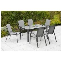 Garten-Essgruppe Merxx "Amalfi", grau (anthrazit, anthrazit, grafit), Polyester, Aluminium, Polyester, Sicherheitsglas, Sitzm&ouml;bel-Sets, 6 Sessel, stapelbar, Tisch 90x150 cm