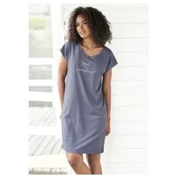 Nachthemd Vivance DREAMS, Damen, Gr. 36/38, N-Gr, blau (dunkelblau), Single Jersey, Obermaterial: 50% Baumwolle, 50% Viskose, bedruckt, unifarben, Basic, loose fit kurz, Rundhals, angeschnitten, Kleider Nachthemd, mit Sommer-Statementdruck
