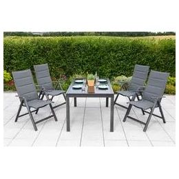 Garten-Essgruppe Merxx "Taviano", grau (anthrazit, anthrazit, grafit), Polyester, Aluminium, Polyester, Sicherheitsglas, Sitzm&ouml;bel-Sets, 4 Klappsessel, 5-fach verstellbar, Ausziehtisch