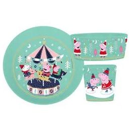Kindergeschirr-Set Koziol "Kleiner Teller + Schale + Becher CONNECT PEPPA PIG WINTER WONDERLAND", blau (organic sage blau), 3 Stk., Kunststoff, Polypropylen, Geschirr-Sets, made in Germany, melaminfrei, 3 Teile, f&uuml;r 1 Person