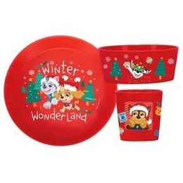 Kindergeschirr-Set Koziol "Kleiner Teller + Schale + Becher CONNECT PAW PATROL WINTER WONDERLAND", rot (organic ruby rot), 3 Stk., Kunststoff, Polypropylen, Geschirr-Sets, made in Germany, melaminfrei, 3 Teile, f&uuml;r 1 Person