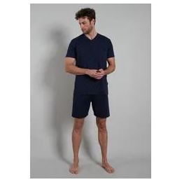 Shorty Bugatti "Modena", Herren, Gr. 52, blau (blau, dunkel, allover), Single Jersey, Obermaterial: 60% Baumwolle, 40% Polyester, gemustert, unifarben, Basic kurz, V-Ausschnitt, Homewear-Sets Shorty, V-Ausschnitt, Kurzarm, kurze Hose, bequem, Baumwollmix, weich, bequem