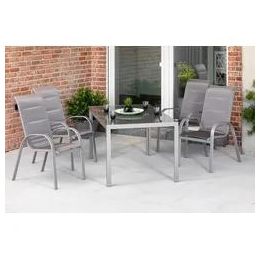 Garten-Essgruppe Merxx "Amalfi di lusso", braun (diamantbraun), B:56,5cm H:104cm T:77cm, Aluminium, Polyester, Sitzm&ouml;bel-Sets, 4 Stapelsessel mit Tisch