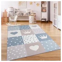 Kinderteppich Paco Home "Eliz 391", beige, B:200cm H:12mm L:280cm, Polyester, Teppiche, Kinderteppich, Kurzflor, Spielteppich, Patchwork-Muster, Motiv Krone, Herz & Punkte