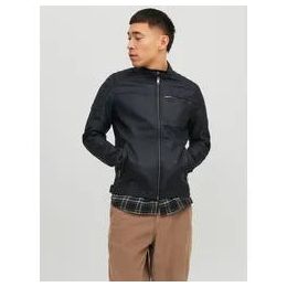 Jack & Jones Lederimitatjacke JACK & JONES "JJEROCKY in Kunstlederoptik mit Rei&szlig;verschlusstaschen", Herren, Gr. XS, schwarz, Web, Obermaterial: 100% Polyester, unifarben, slim fit normal, Jacken, unifarben, modisch, regular fit, Lederimitat
