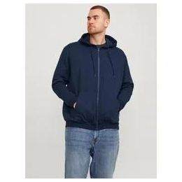 Jack & Jones PlusSize Kapuzensweatjacke "JJEBRADLEY mit Kapuze und weichem Innenmaterial", Herren, Gr. 5XL, blau (navy blazer), angeraute Sweatware, Obermaterial: 61% Polyester, 39% Baumwolle, JACK & JONES PLUSSIZE, unifarben, relaxed fit normal, ohne Ausschnitt, Rippb&uuml;ndchen, Sweatjacken, unifarben, modisch, relaxed fit, Materialmix