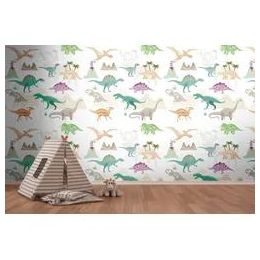 Livingwalls Fototapete LIVING WALLS "Dino Kinderzimerzimmertapete", bunt (bunt creme beige), B:1,59m H:0,01m L:2,8m, Vinyl, Vlies, Tapeten, Fototapete Tapeten Kinderzimmer Schlafzimmer modern Design Wandtapete