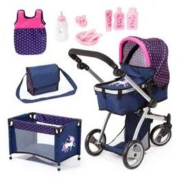 Puppenwagen BAYER "Mega, blau", bunt (blau, pink), Puppenwagen, KinderB:36cm H:74cm T:67cm, Kunststoff, Metall, Stoff, mit Reisebett, Schlafsack, Puppentrage, Wickeltasche und Zubeh&ouml;r, B:36cm H:74cm T:67cm