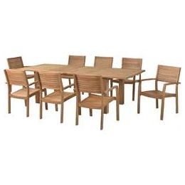 Garten-Essgruppe Merxx "&raquo;Batavia&laquo;", beige (natur, natur, natur), Auszugsplatte, ausziehbar, Massivholz, Sitzm&ouml;bel-Sets, Sessel stapelbar, Doppelausziehtisch Beine 9x9 cm stark