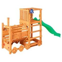 Spielturm FUNGOO "Loco, mit Rutsche, Doppelschaukel, Kletterseil und gro&szlig;er Plattform", braun (teak), Spielt&uuml;rme, KinderB:93cm H:182cm T:365cm, Holz, Made in Europe, B:93cm H:182cm T:365cm