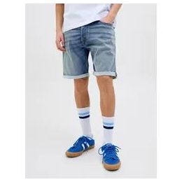 Jack & Jones Shorts JACK & JONES "JJIRICK mit Aufschlag und Knopfverschluss f&uuml;r den Sommer", Herren, Gr. S, N-Gr, blau (blau denim), Web, Obermaterial: 48% Baumwolle, 26% Viskose, 25% Polyester, 1% Elasthan, unifarben, regular fit kniefrei, Hosen Shorts, unifarben, regular fit, Web, Five-Pocket-Stil, elastisch