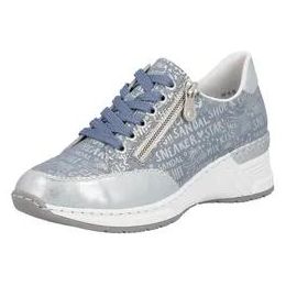 Sneaker Rieker, Damen, Gr. 42, blau (hellblau), Lederimitat, metallic, Schuhe Sneaker, mit Lettern bedruckt, Freizeitschuh, Halbschuh, Schn&uuml;rschuh, Topseller