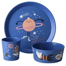 Kindergeschirr-Set Koziol "Kleiner Teller + Schale + Becher CONNECT SPACE", blau (organic blau space), 3 Stk., Kunststoff, Geschirr-Sets, 100% melaminfrei & recycelbar, CO2 neutral in Deutschland produziert