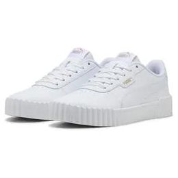 Sneaker Puma "Carina 3.0 Sneakers Damen", Damen, Gr. 38,5, wei&szlig; (wei&szlig; gold), Obermaterial: Textil, Kuhleder, Synthetik, Leder. Futter: Textil. Innensohle: Textil. Laufsohle: Gummi, Schuhe Sneaker
