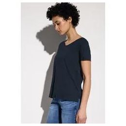V-Shirt Street One, Damen, Gr. 34, blau (tiefblau), Web, 50% Baumwolle, 50% Modal, unifarben, gerade normal, V-Ausschnitt, B&uuml;ndchen, Shirts, mit abgerundetem V-Ausschnitt