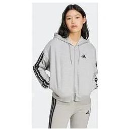 Kapuzensweatshirt Adidas SPORTSWEAR "ESSENTIALS 3-STREIFEN FRENCH TERRY", Damen, Gr. XL, grau (medium grau heather, schwarz), Obermaterial: 55% Baumwolle, 36% Polyester, 9% Viskose, normal, Rundhals, angesetztes B&uuml;ndchen, Sweatshirts