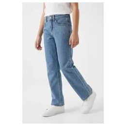 Straight-Jeans name it "NKFROSE STRAIGHT JEANS 3366-BE NOOS", M&auml;dchen, Gr. 128, N-Gr, blau (denim blau), Denim/Jeans, Obermaterial: 100% Baumwolle, bedruckt, leichte Abriebeffekte, straight fit kn&ouml;chellang, Jeans Straight-Jeans