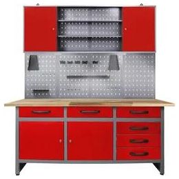 Werkstatt-Set ONDIS24 "Karsten", rot (rot, grau), B:160cm H:205cm T:60cm, Metall, Werkb&auml;nke, 160 cm, mit LED Touch-Lampen, inkl. Hakenset