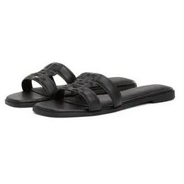 Pantolette Tommy Hilfiger "TH LOGO STRAP MULE", Damen, Gr. 40, schwarz, Leder, unifarben, Basic, Schuhe Pantolette, Bequemschuh, Sommerschuh, Flats mit TH-Logo als Schnalle
