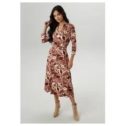 Jerseykleid Aniston SELECTED, Damen, Gr. 46, N-Gr, beige, bordeaux, rot, Single Jersey, Obermaterial: 95% Viskose, 5% Elasthan, bedruckt, gemustert, figurumspielend ca. Mitte Wade, V-Ausschnitt, Kleider Jerseykleid, mit V-Ausschnitt in Wickeloptik und Bindedetail