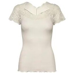 Spitzenshirt rosemunde "Beatha Lace Capsleeve T-Shirt mit Seide", Damen, Gr. L, wei&szlig;, Feinstrick, Obermaterial: 55% Seide, 45% Baumwolle, durchscheinend, gebl&uuml;mt, unifarben, eng h&uuml;ftbedeckend, V-Ausschnitt, Spitze, Shirts, wundersch&ouml;ne elastisch weiche Vintage-Spitze an Ausschnitt und &Auml;rmeln