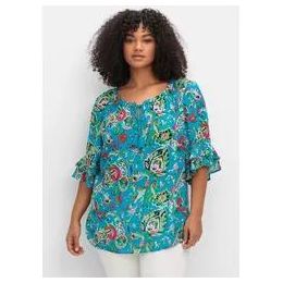Longbluse sheego BY JOE BROWNS, Damen, Gr. 58, blau (blau gemustert), 100% Viskose, gebl&uuml;mt, gemustert, Rundhals, Blusen Longbluse