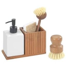 Sp&uuml;lmittelspender Wenko "Sp&uuml;l-Set aus Bambus", braun (dunkelbraun), Acrylnitril-Butadien-Styrol (ABS), Bambus, Keramik, Dosierspender, mit Dosierspender, Utensilienhalter, Schwamm und 2 Sp&uuml;lb&uuml;rsten
